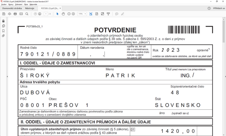 Potvrdenie o zdaniteľných príjmoch - Money